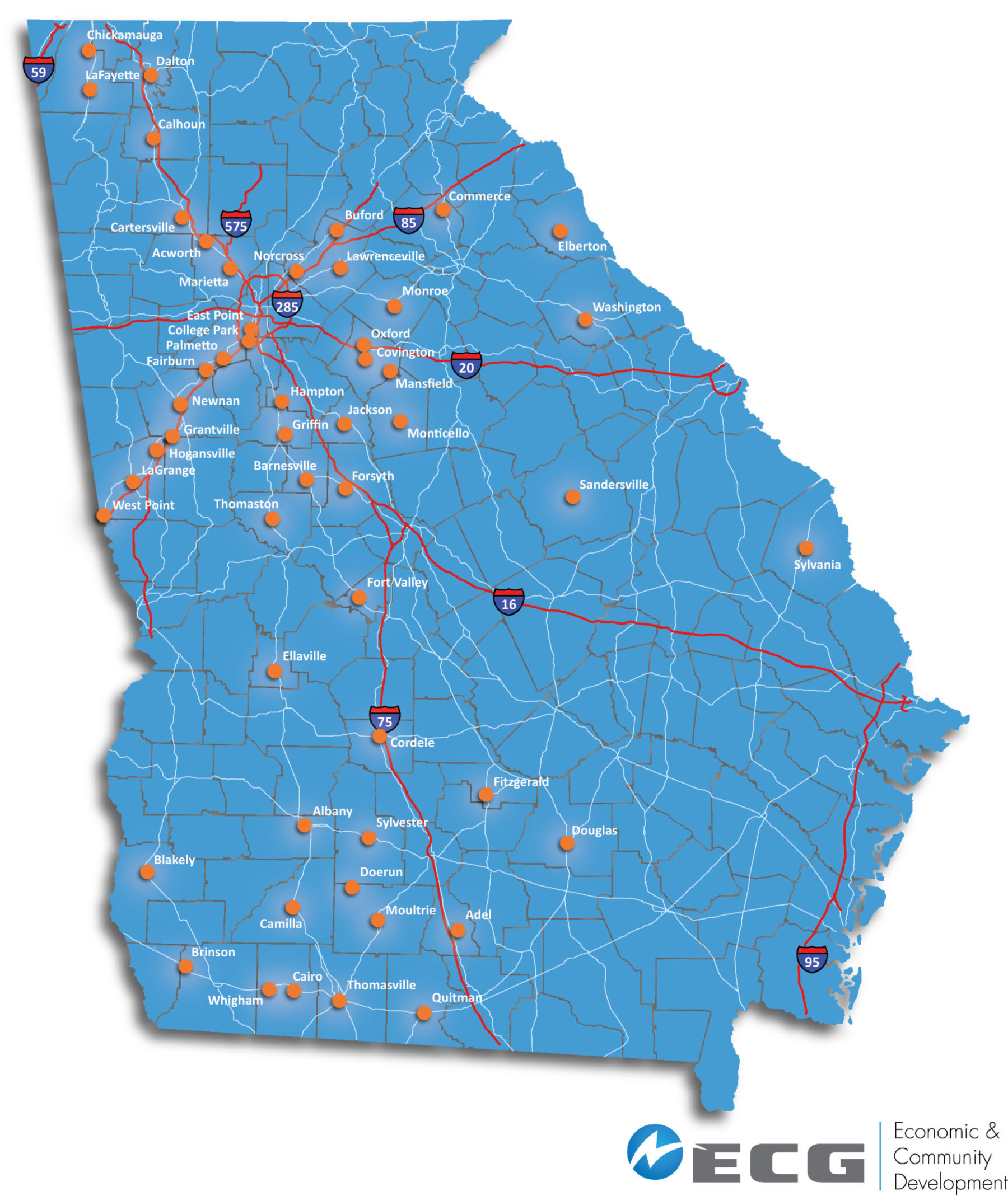 ECG Participants Map_w Highways light blue - Location Georgia